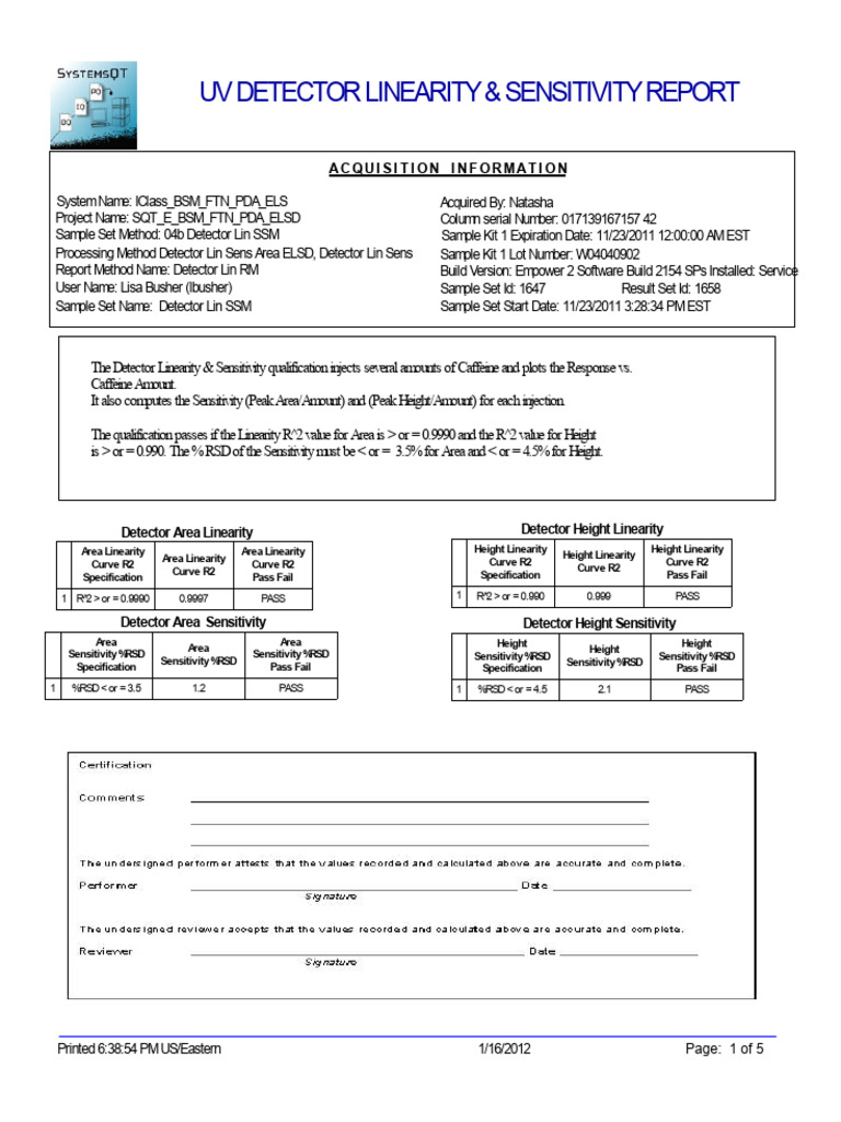 UV Detector Linearity Report | PDF | Scientific Techniques