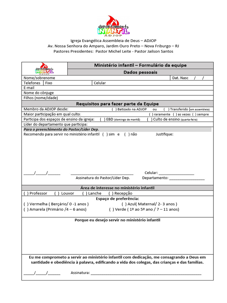 Formulário para Ministério Infantil ADJOP | PDF | Estilo de vida