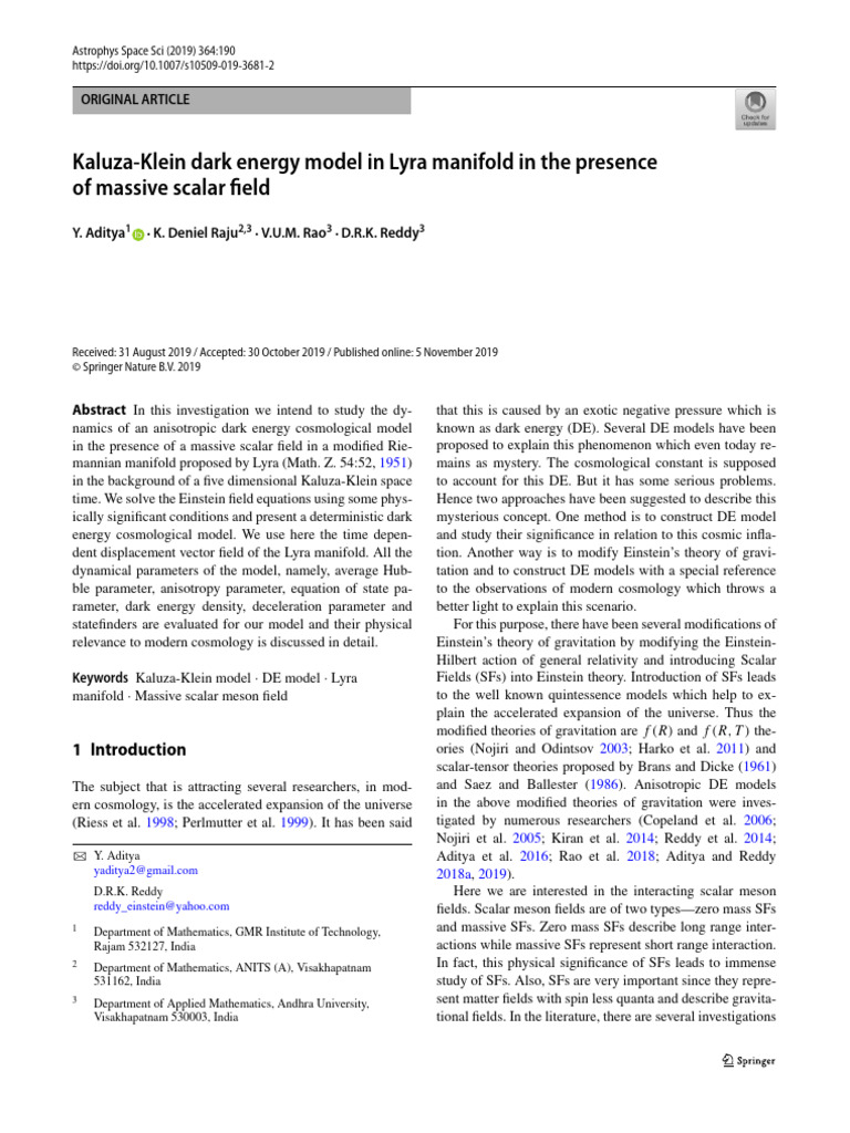 Kaluza-Klein Dark Energy Model in Lyra Manifold in The Presence | Download Free PDF | Dark ...