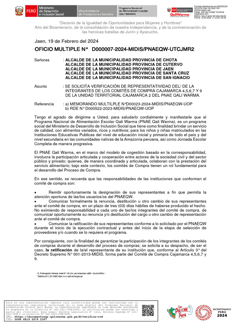 OFICIO MULTIPLE-000007-2024-UTCJMR2. Alcalde | PDF