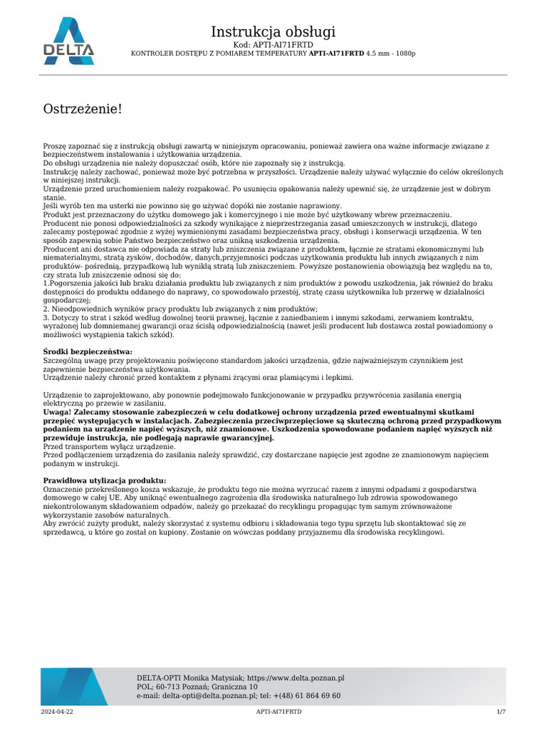 Delta-Opti Instruction-APTI-AI71FRTD | PDF