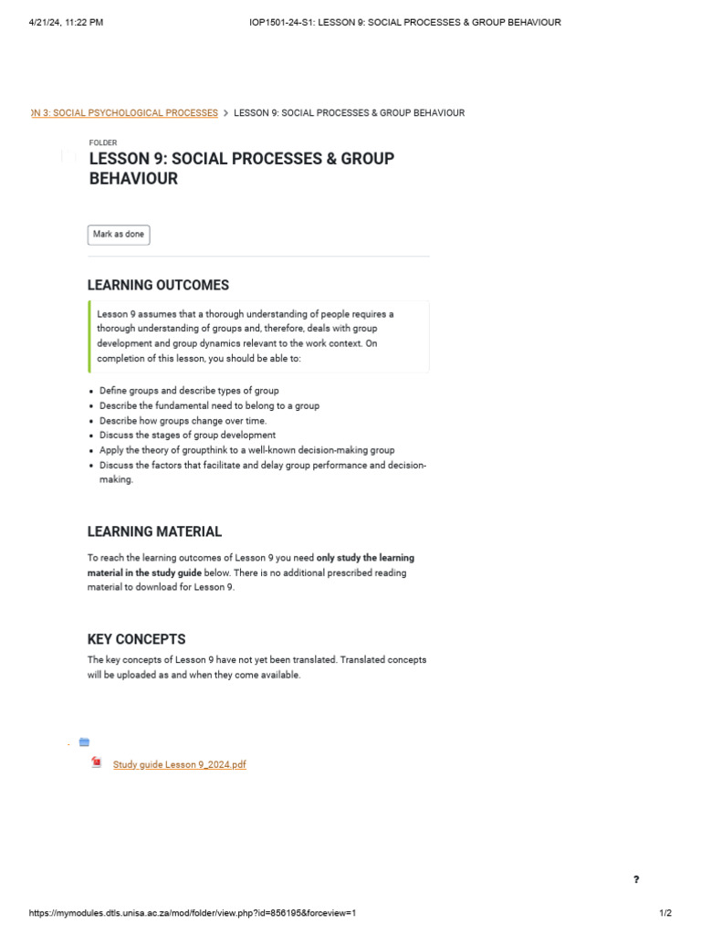 Iop1501-24-S1 - Lesson 9 - Social Processes & Group Behaviour ...