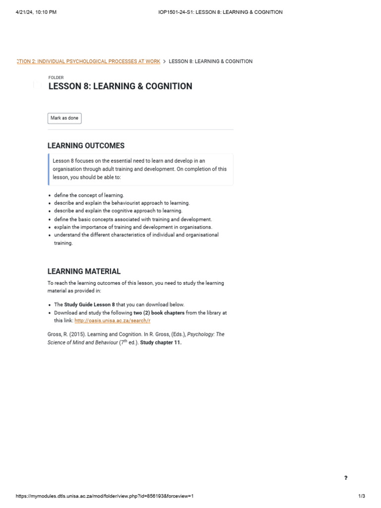 Iop1501-24-S1 - Lesson 8 - Learning & Cognition | PDF | Learning ...