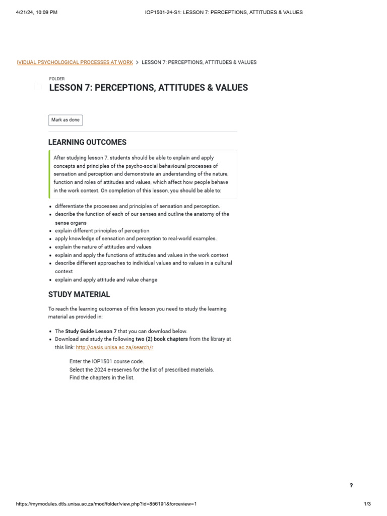 Iop1501-24-S1 - Lesson 7 - Perceptions, Attitudes & Values | PDF | Attitude (Psychology ...