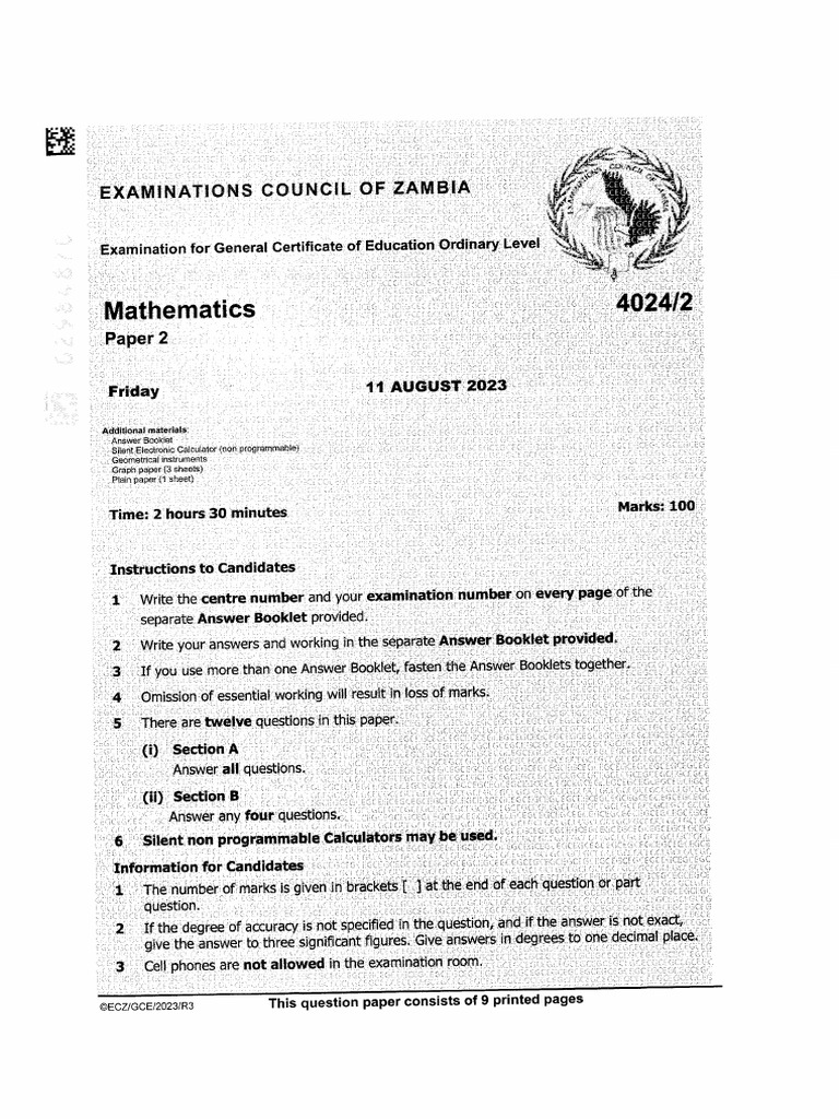 Mathematics 2023 Paper 2 Gce-1 | PDF