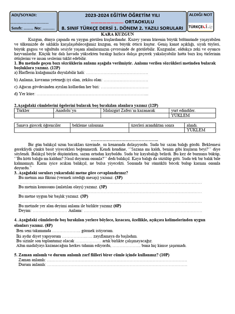 2023 2024 Egitim Ogretim Yili Turkce Dersi 8. Sinif 1. Donem 2. Acik Uclu Sinav Bilal KILINC 1 | PDF