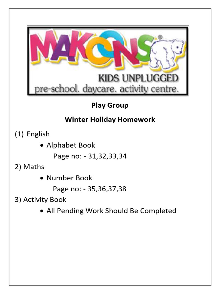 Play Group Winter Holiday Homework | PDF | Teaching Methods & Materials