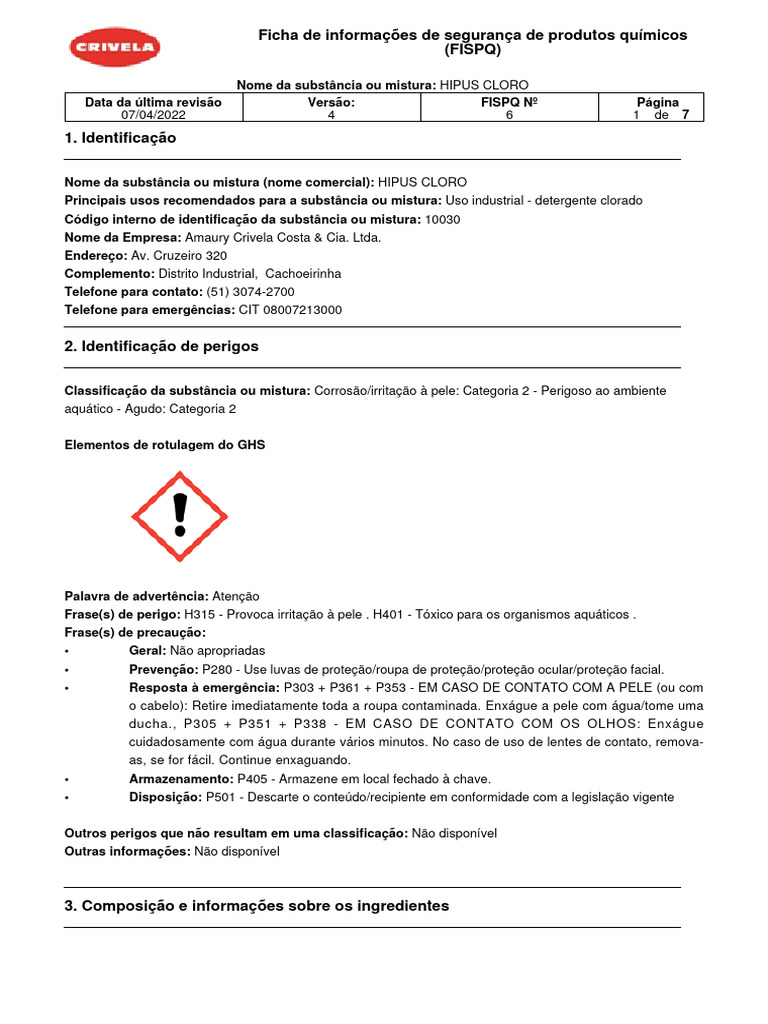 HIPUS CLORO - FISPQ GHS | PDF | Cloro | Química