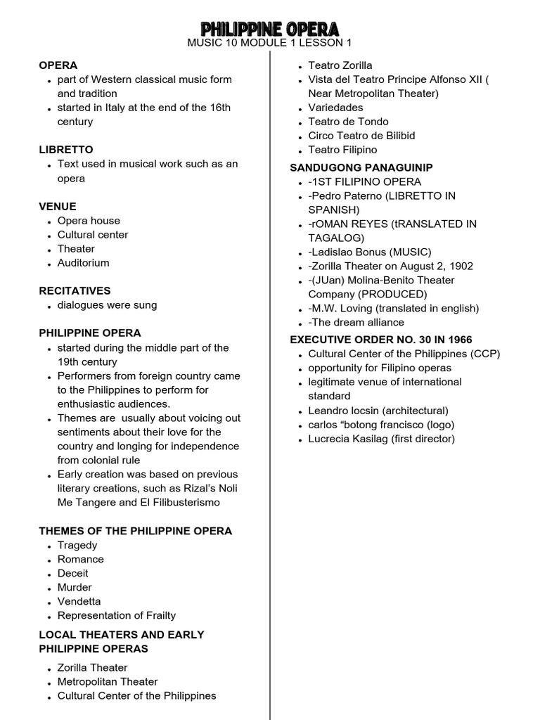 Philippine Opera Grade 10 Music Q4 Module1 | PDF | Philippines | Opera Philippine Opera Grade 10 Music Q4 Module1 | PDF | Philippines | Opera