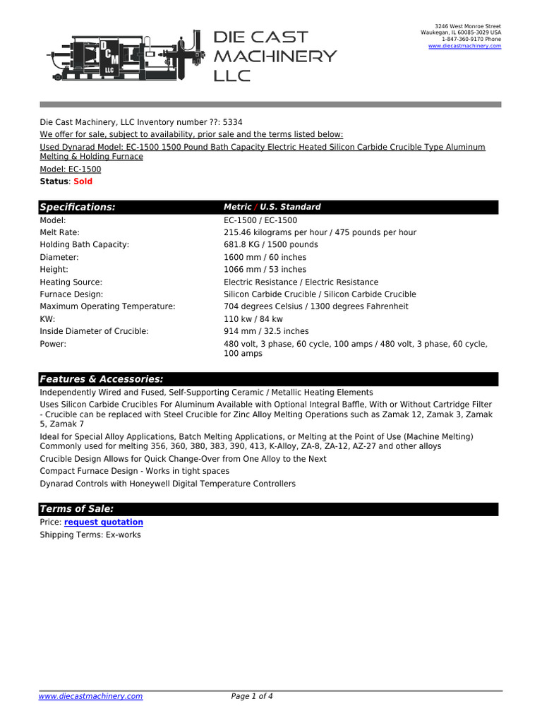 Used Dynarad EC-1500 Electric Furnace | PDF | Alloy | Silicon