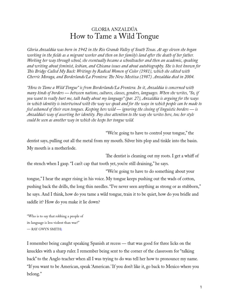 How To Tame A Wild Tongue - by Gloria Anzaldúa | PDF | Chicano