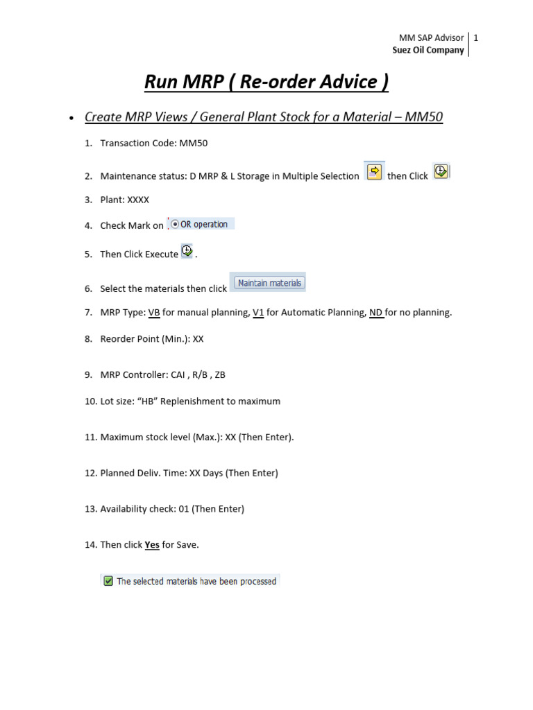 Run MRP (Re-Order Advice) : Create MRP Views / General Plant Stock For ...
