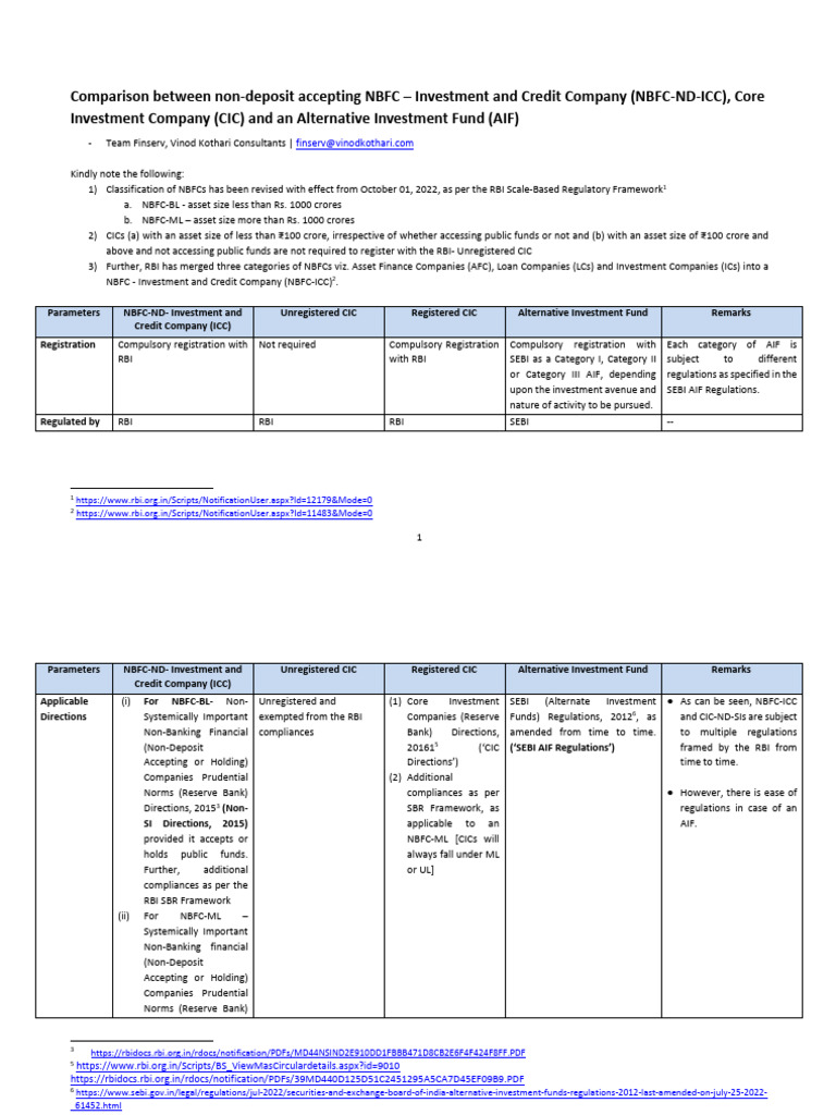 Comparison Between NBFC CIC and AIF | PDF | Investing | Securities (Finance)