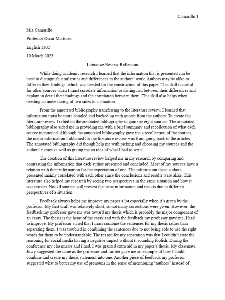 Reflection - Lit Review | PDF | Essays | Thesis