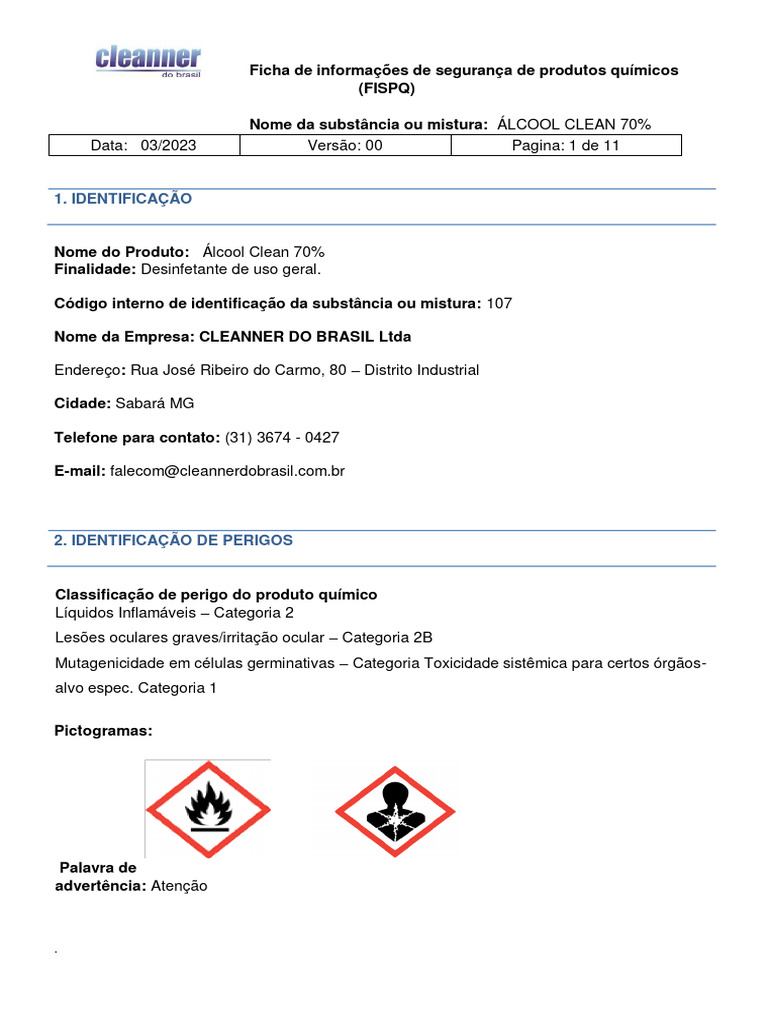 FISPQ do Álcool Clean 70% | PDF | Embalagem e rotulagem | Química