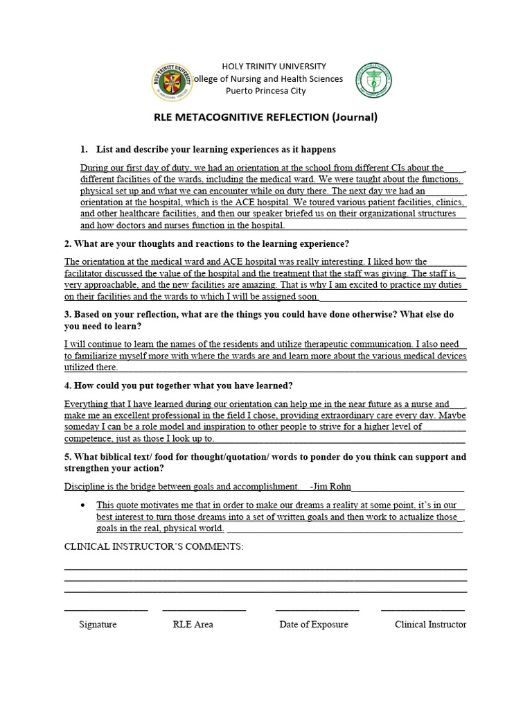 Rle Metacognitive Reflection (Journal) | PDF | Hospital | Nursing