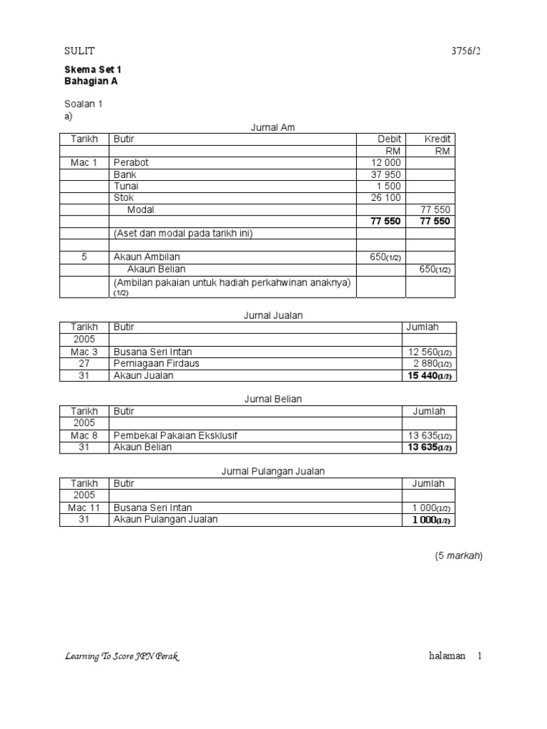 Prinsip Akaun Skema SPM Prinsip Akaun Kertas 2 Set 1 | PDF