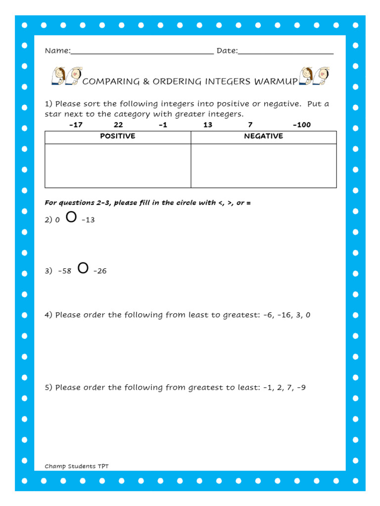 Comparing & Ordering Integers Warmup: - 17 22 - 1 13 7 - 100 Positive ...