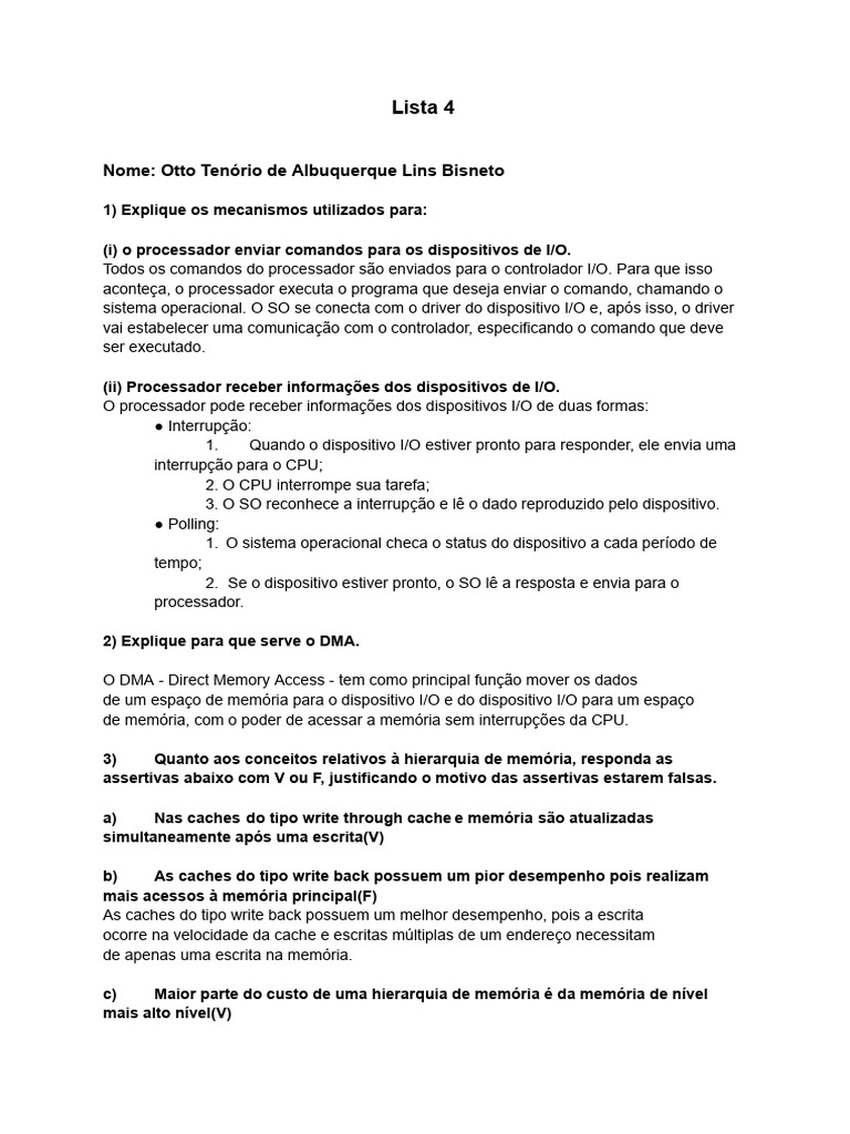 Lista 4 - Otto Tenório | PDF | Cache de CPU | Entrada/Saída