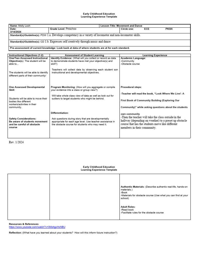 Edt 317 Movement and Dance Lesson Plan 2 | PDF | Early Childhood Education | Teaching