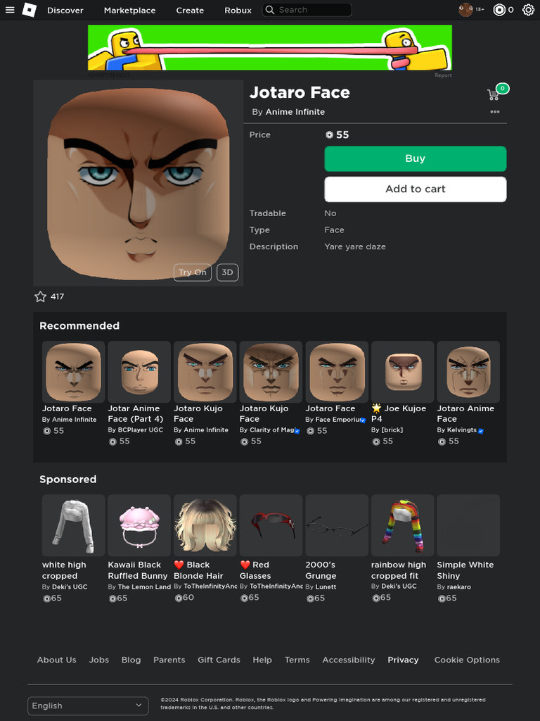 Jotaro Face - Roblox | PDF