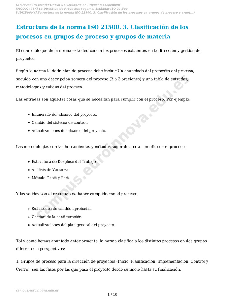 Estructura de la norma ISO 21500. 3. Clasificación de los procesos en ...