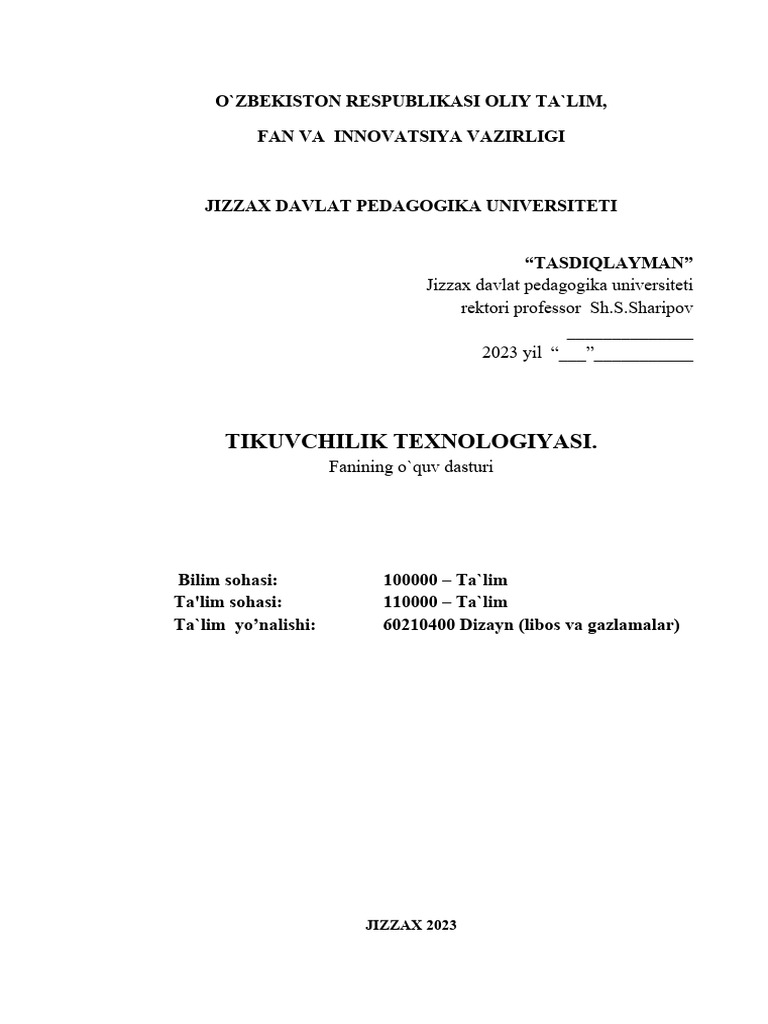 Tikuvchilik Texnologiyasi.3 Kurs | PDF