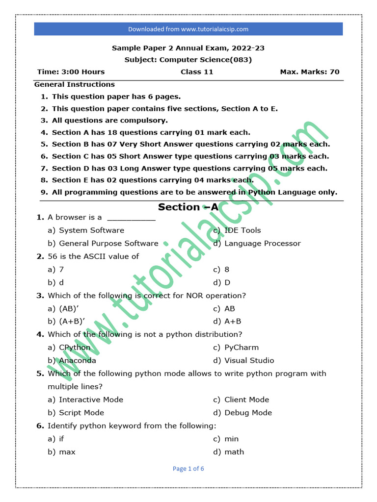 Sample Paper 2 Class XI Annual Exam CS | PDF | Python (Programming Language) | Control Flow