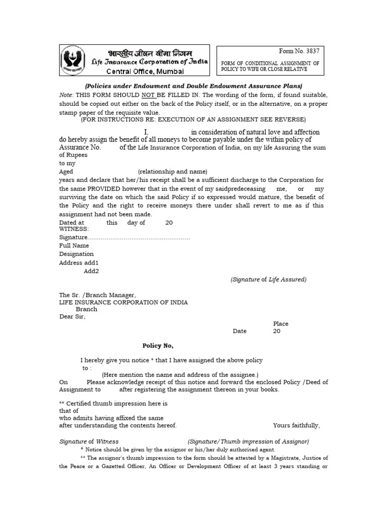 Form-3837 Conditional Assignment Endowmwnt | PDF | Assignment (Law ...