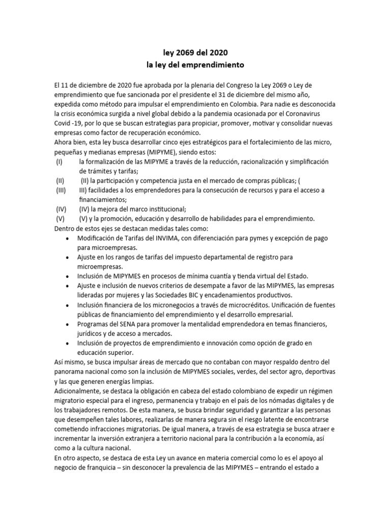 Ley 2069 Del 2020 | PDF | Pequeñas y medianas empresas | Iniciativa empresarial