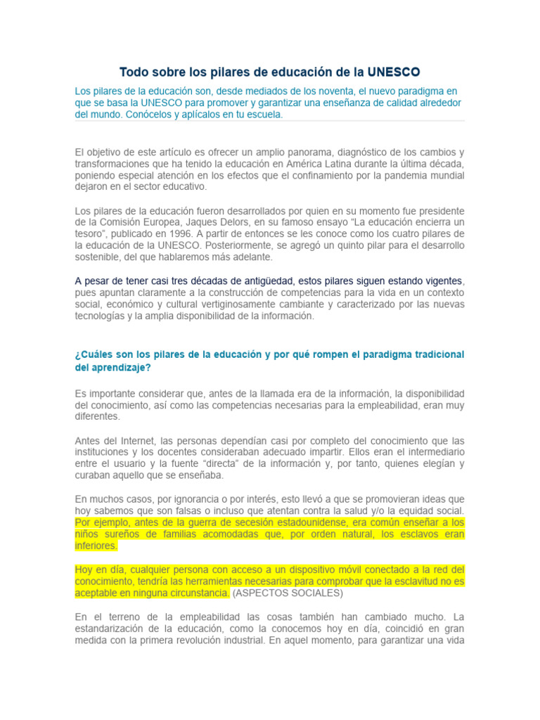 Los 4 Pilares de La Educacion | PDF | Aprendizaje | Enseñando