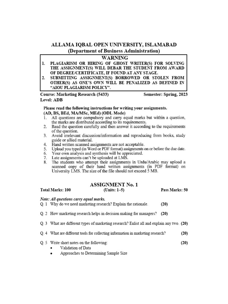 Assignment Question Paper - Allama Iqbal University | PDF | Statistics | Survey Methodology