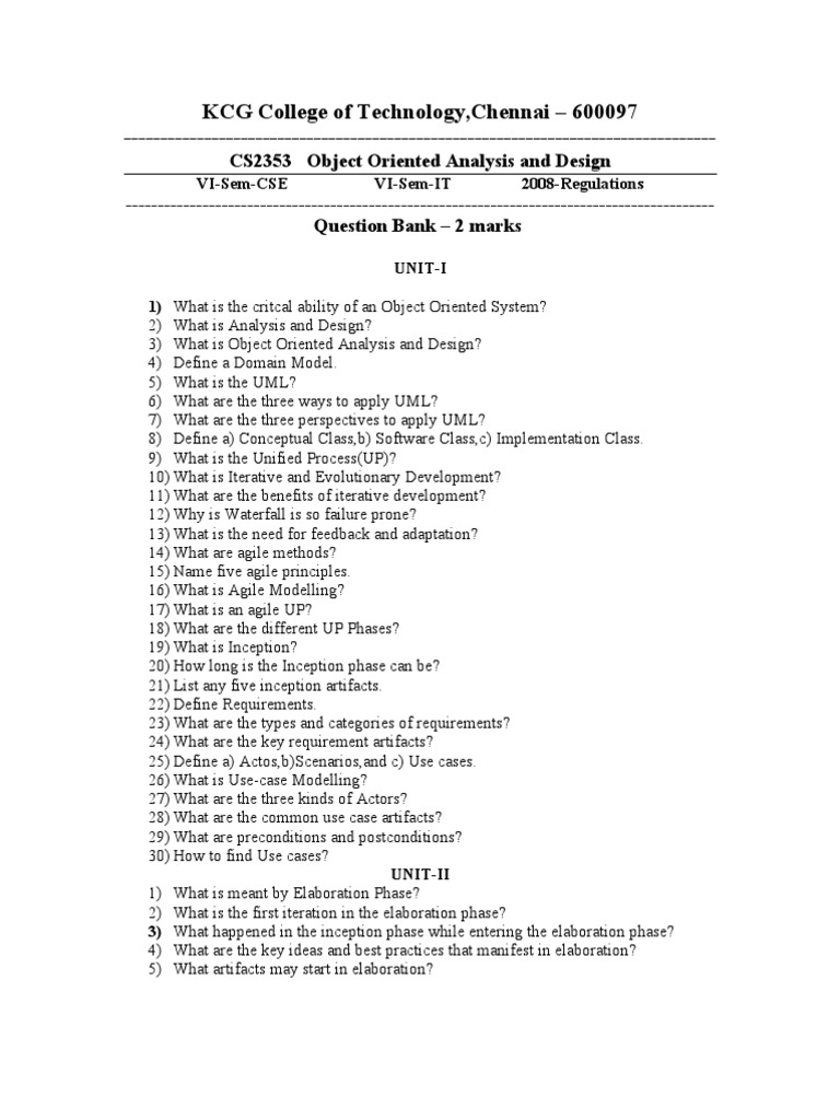 OOAD Question Bank 2 Marks | PDF | Use Case | Agile Software Development