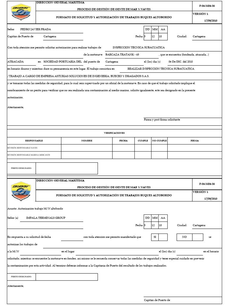 Solicitud de Autorización de Inspección Subacuática | PDF | Envío | Transporte de agua