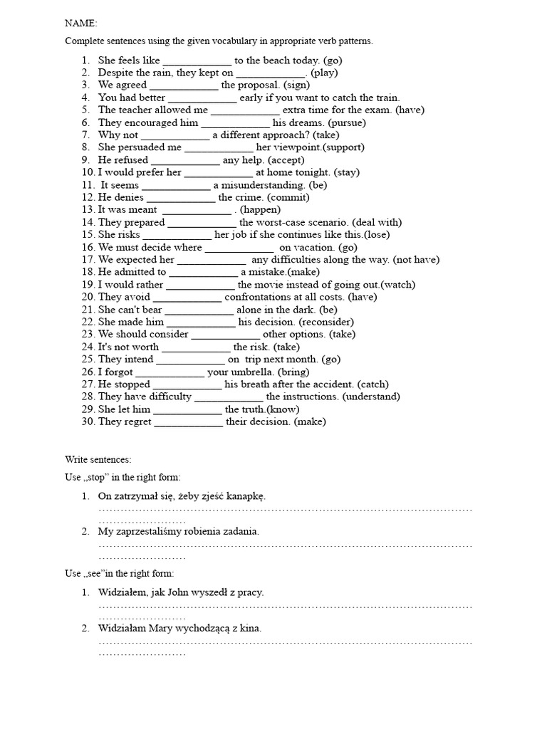 English Verb Patterns Practice | PDF