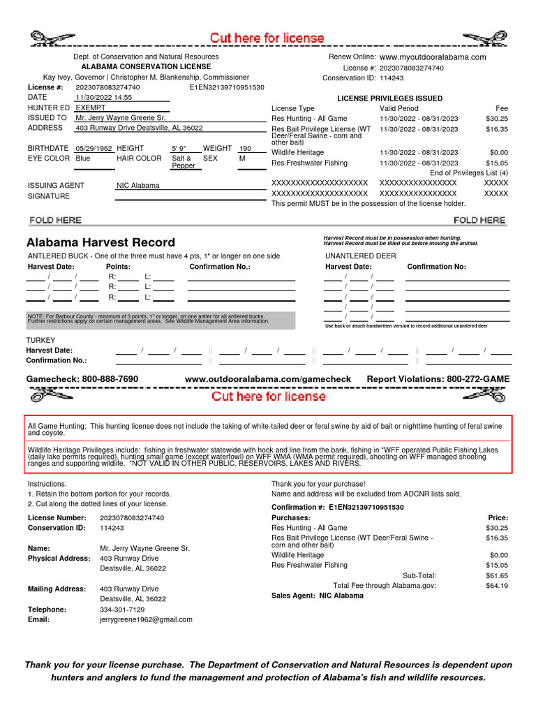 Alabama Harvest Record: Gamecheck: 800-888-7690 Report Violations: 800 ...