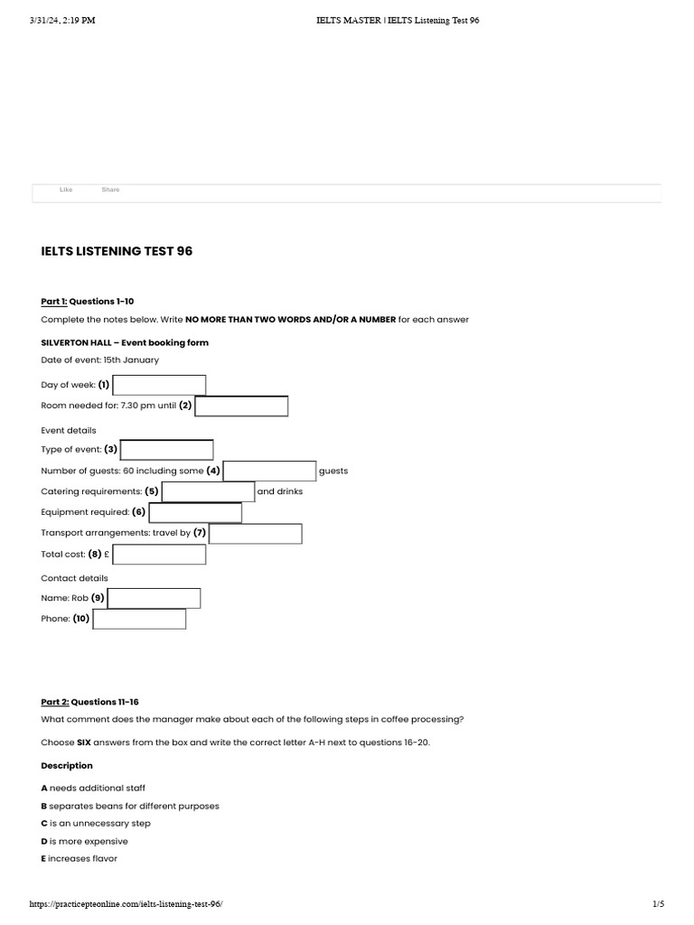 Ielts Listening Test 96: Part 1: Questions 1-10 | PDF | International ...