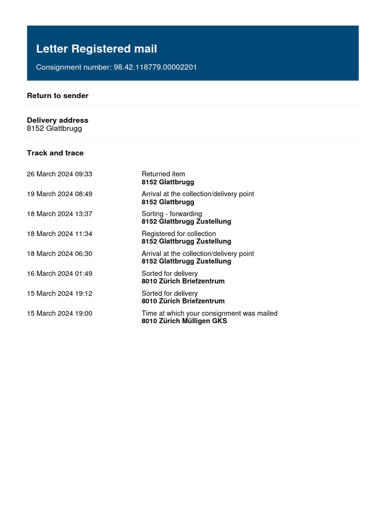 Letter Registered Mail Consignment Number 98 42 118779 00002201 PDF