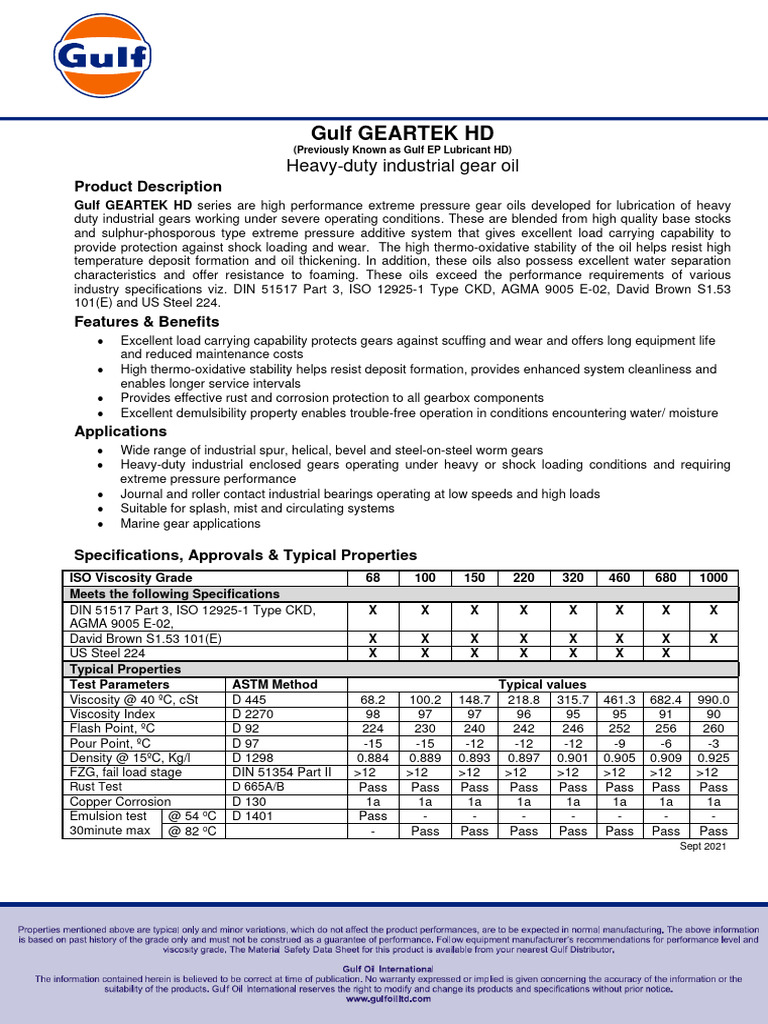 Gulf GEARTEK HD Industrial Gear Oils | PDF | Gear | Materials