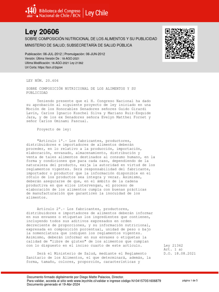 Ley 20606: Etiquetado Nutricional y Publicidad | PDF | Alimentos | Enfermedad celíaca