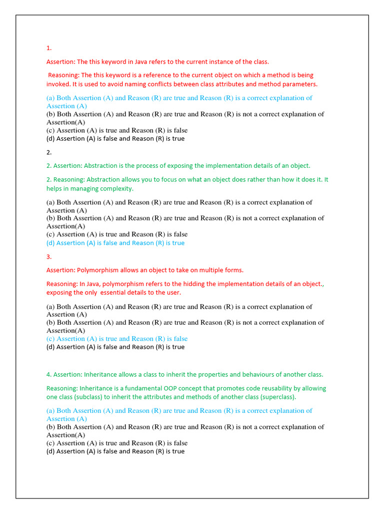 Assertion Reasoning Mcq Questions Answers Download Free Pdf Inheritance Object Oriented