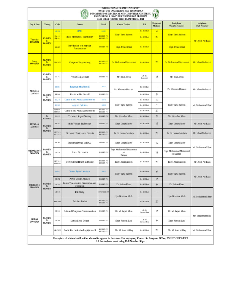 Spring 2024 Midterm Exam Schedule | PDF | Computing | Computer Engineering
