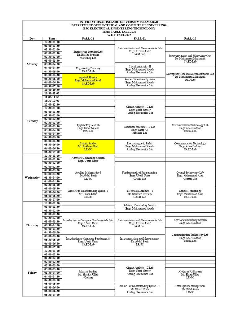 Fall 2022 Time Table BSCEET - XLSX - 17-10-2022 | PDF | Electronics ...