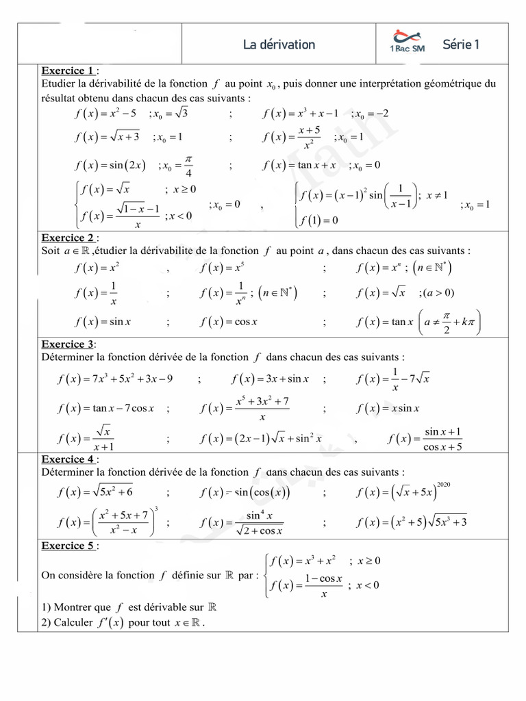 La Dérivation-Serie D'exercices N° 1 | PDF