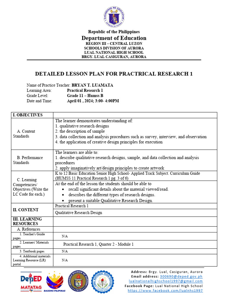 Lesson Plan For Practical Research 1 Humss 11 | PDF | Qualitative Research | Experience