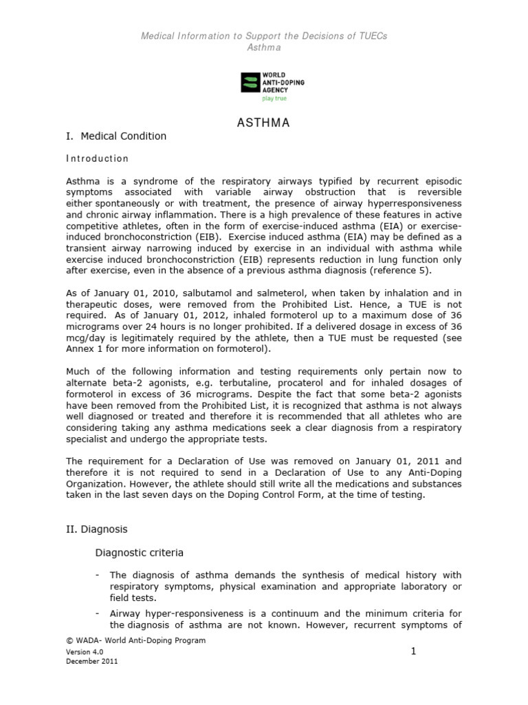 WADA Medical Info Asthma 4.0 EN | PDF | Asthma | Medical Specialties