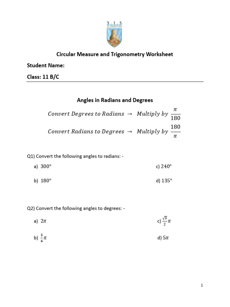 Trigonometry and Circular Measure Worksheet | PDF | Angle | Mathematics