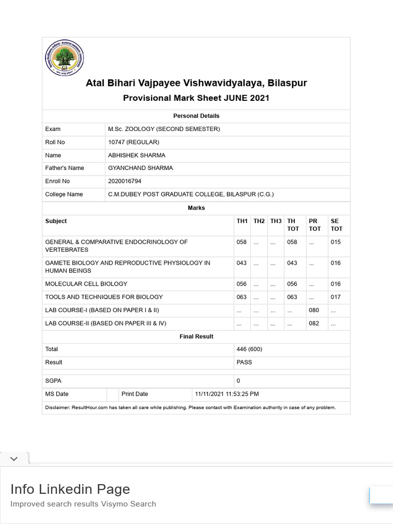 MSC Zoology SEM 2 RESULT | PDF