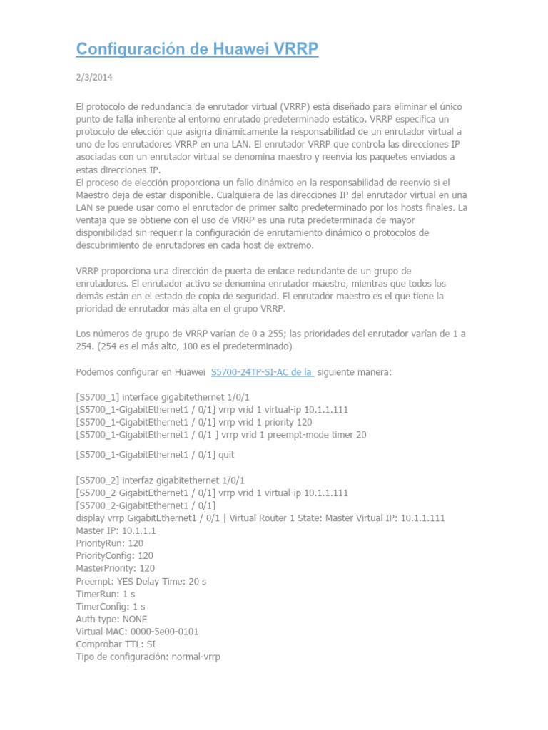Configuración de Huawei VRRP | PDF | Enrutador (Computación) | Protocolos de internet