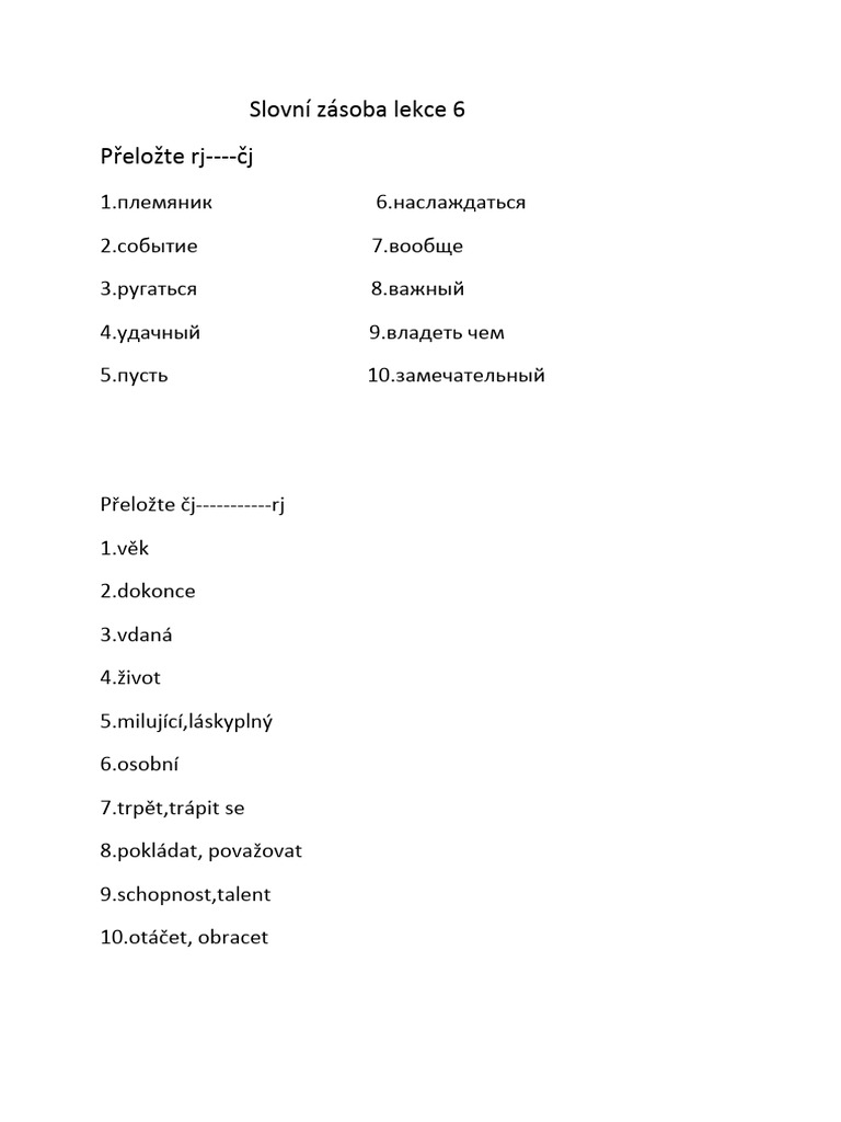 RUŠTINA Slovní Zásoba Lekce 6 - 9 | PDF